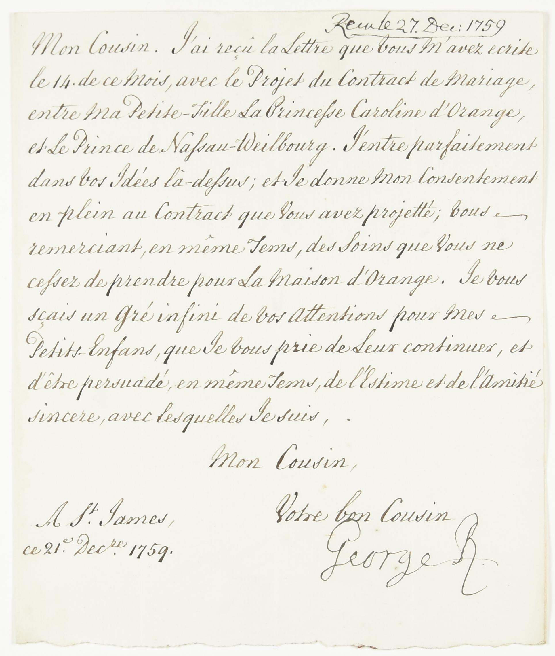 Brief van Koning George II van Engeland over het huwelijk van Prinses ...